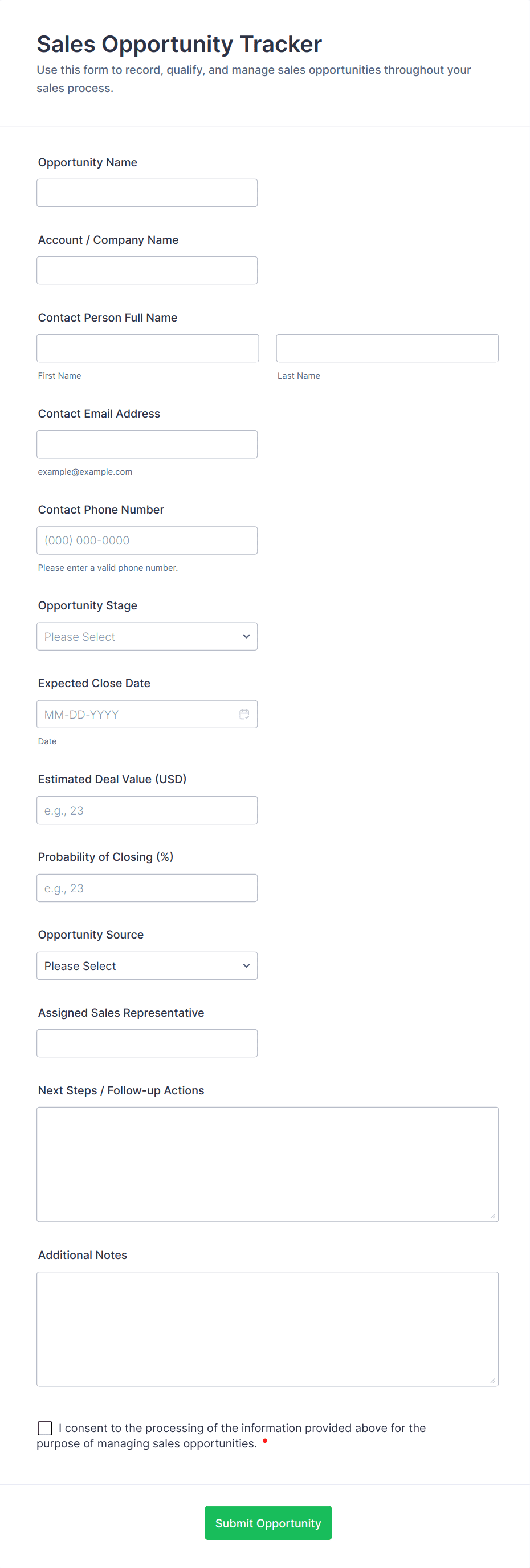 Sales Opportunity Tracker Form Template | Jotform