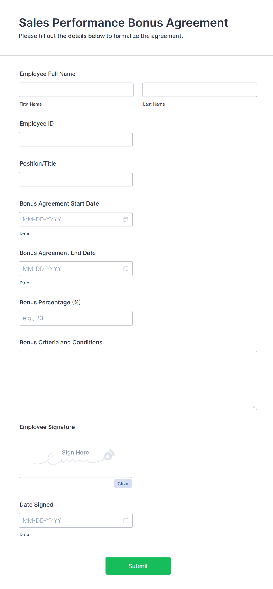 Sales Performance Bonus Agreement Form Template | Jotform