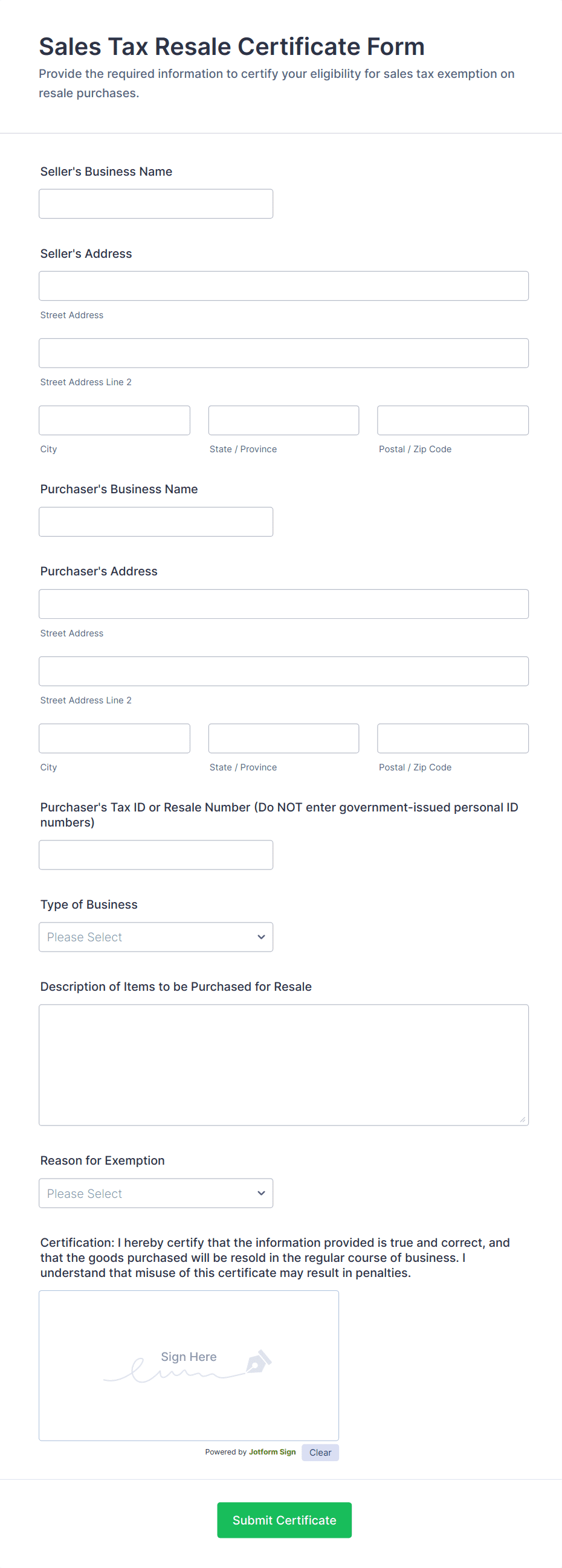 Sales Tax Resale Certificate Form Template | Jotform