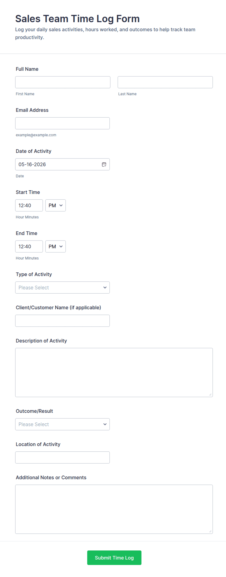 Sales Team Time Log Form Template | Jotform