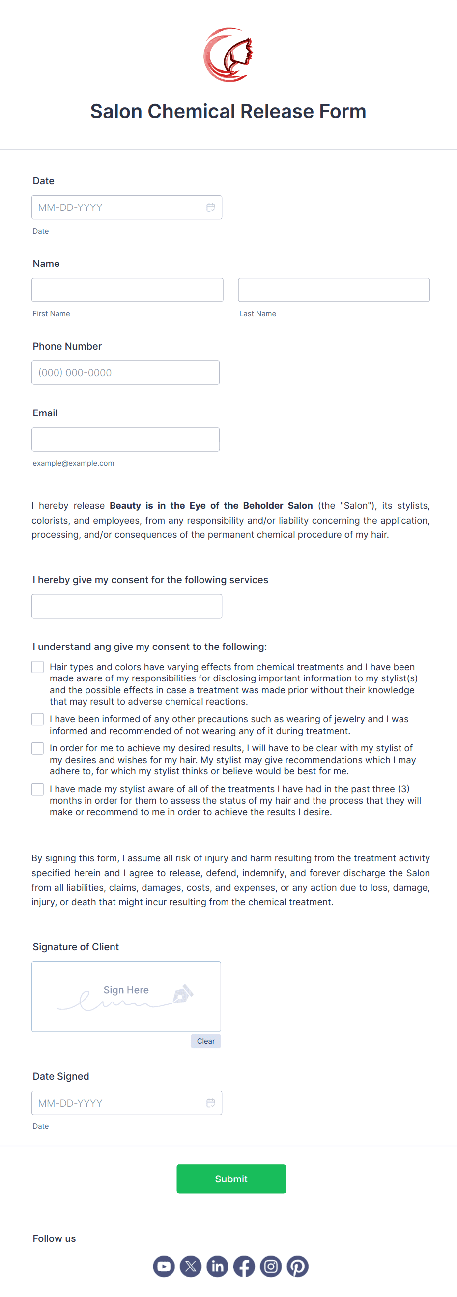 Salon Chemical Release Form Template | Jotform
