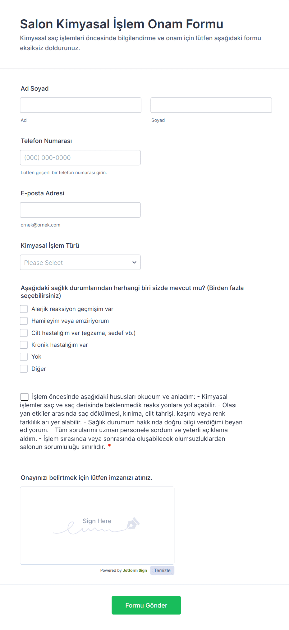 Salon Kimyasal İşlem Onam Form Şablonu | Jotform