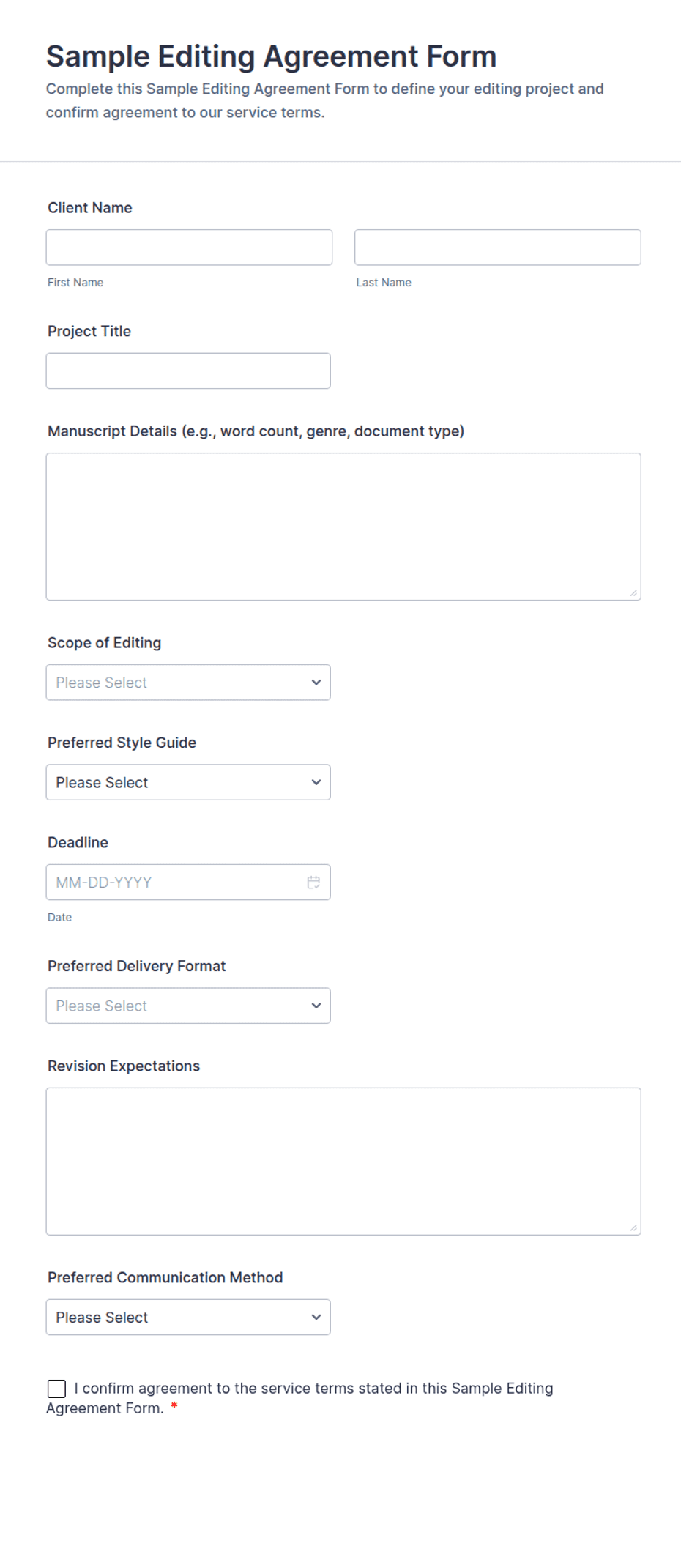 Sample Editing Agreement Form Template | Jotform