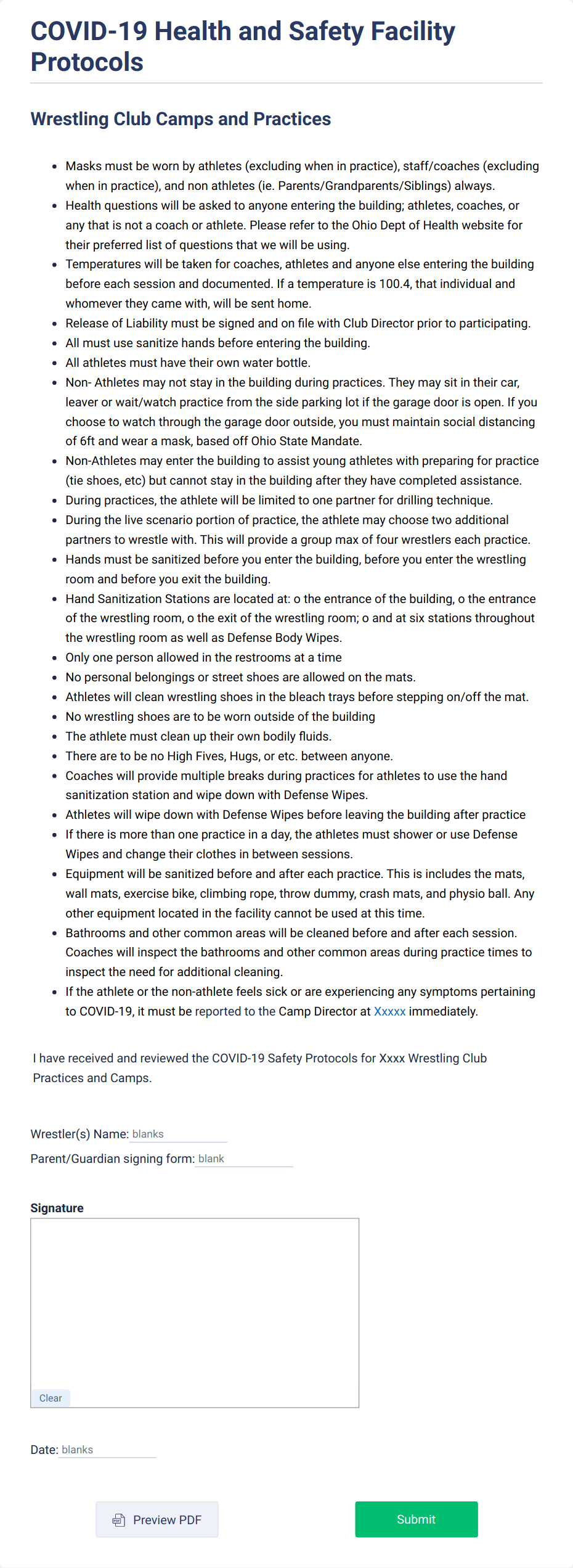 Sample Health Safety Facility Protocols Form Template | Jotform