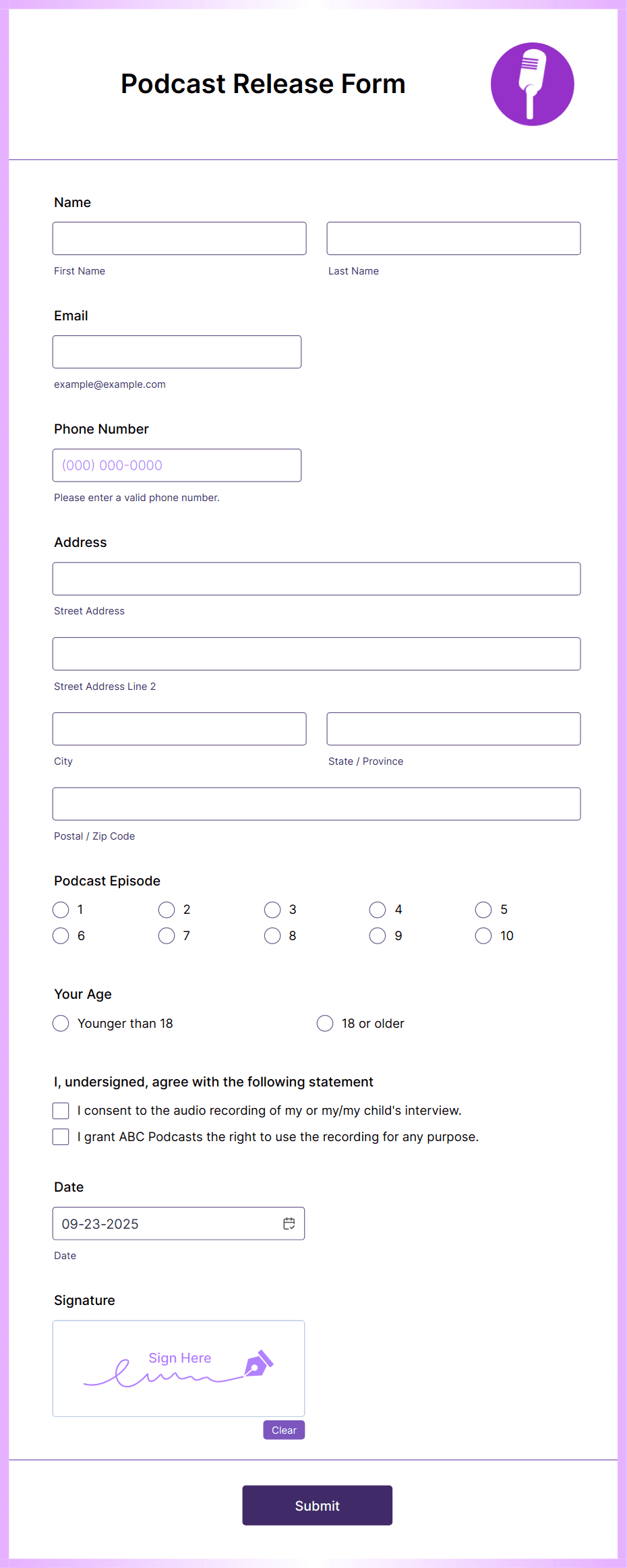 Sample Podcast Release Form Template | Jotform