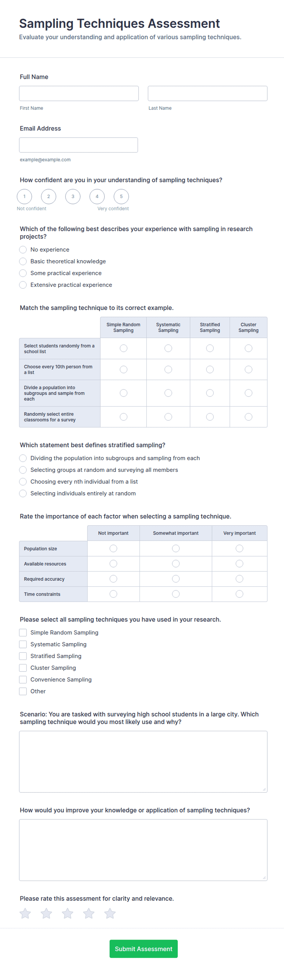 Sampling Techniques Assessment Form Template | Jotform