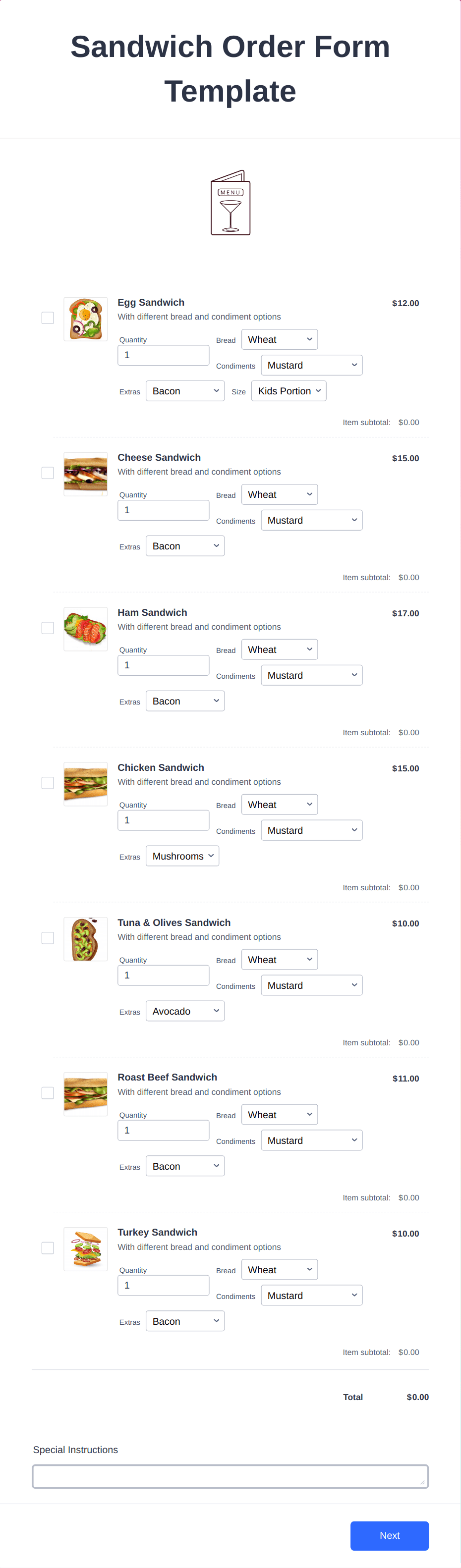 Sandwich Order Form Template | Jotform