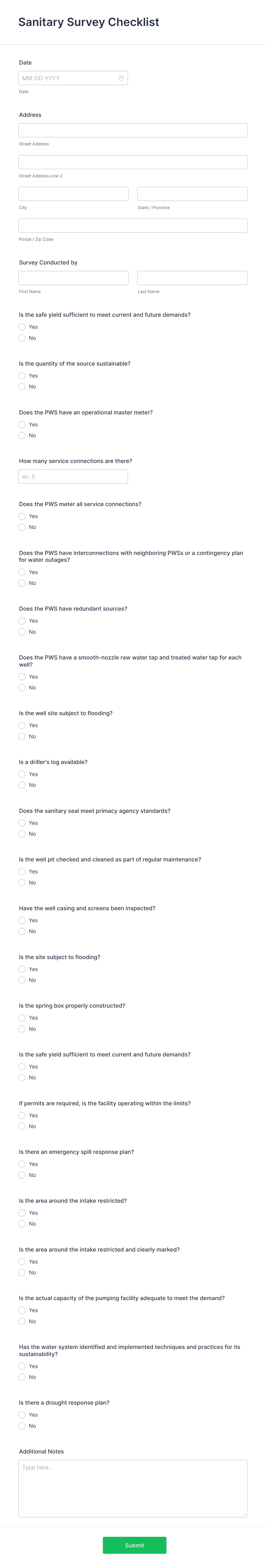 Sanitary Survey Checklist Form Template | Jotform