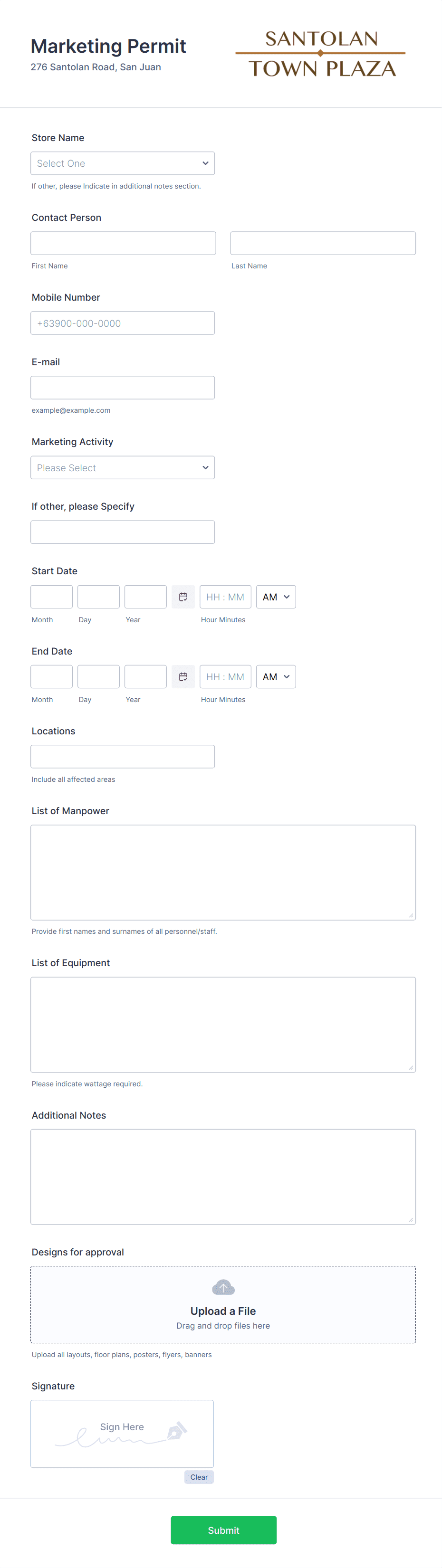 Santolan Town Plaza Marketing Permit Form Template | Jotform