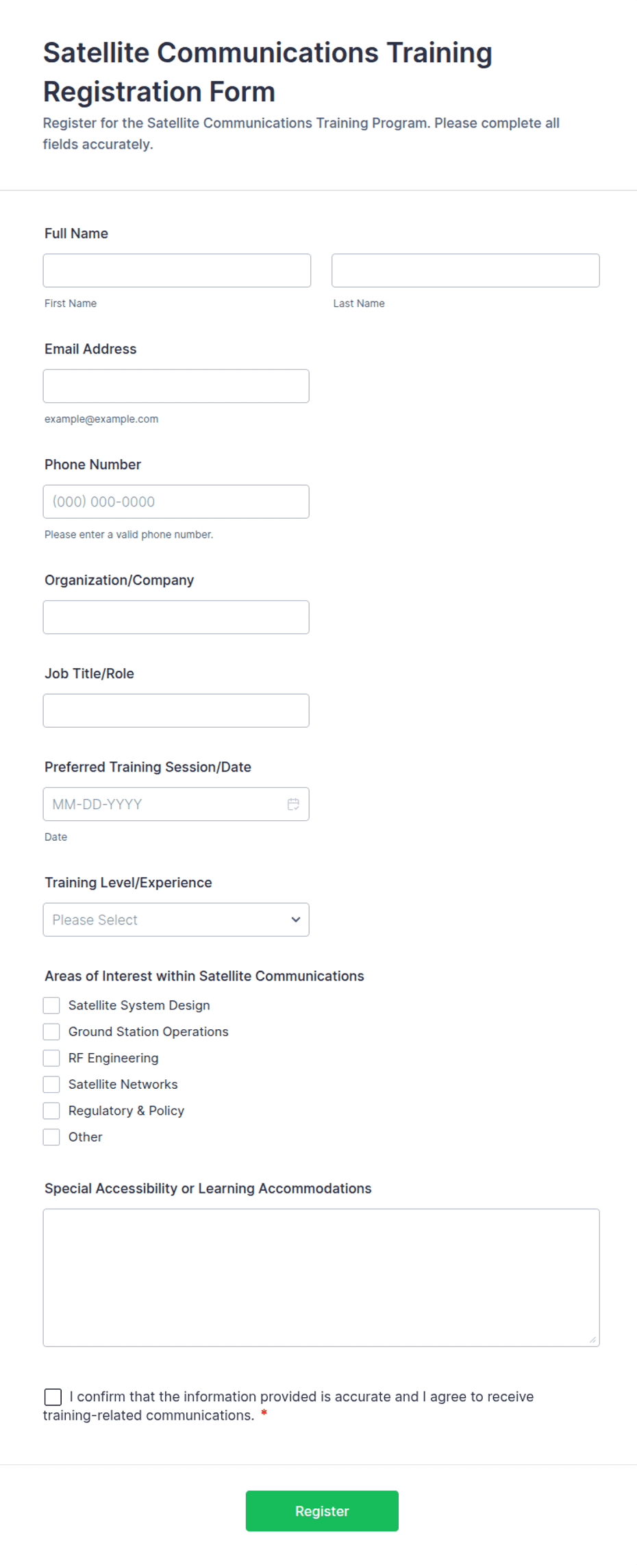 Satellite Communications Training Registration Form Template | Jotform