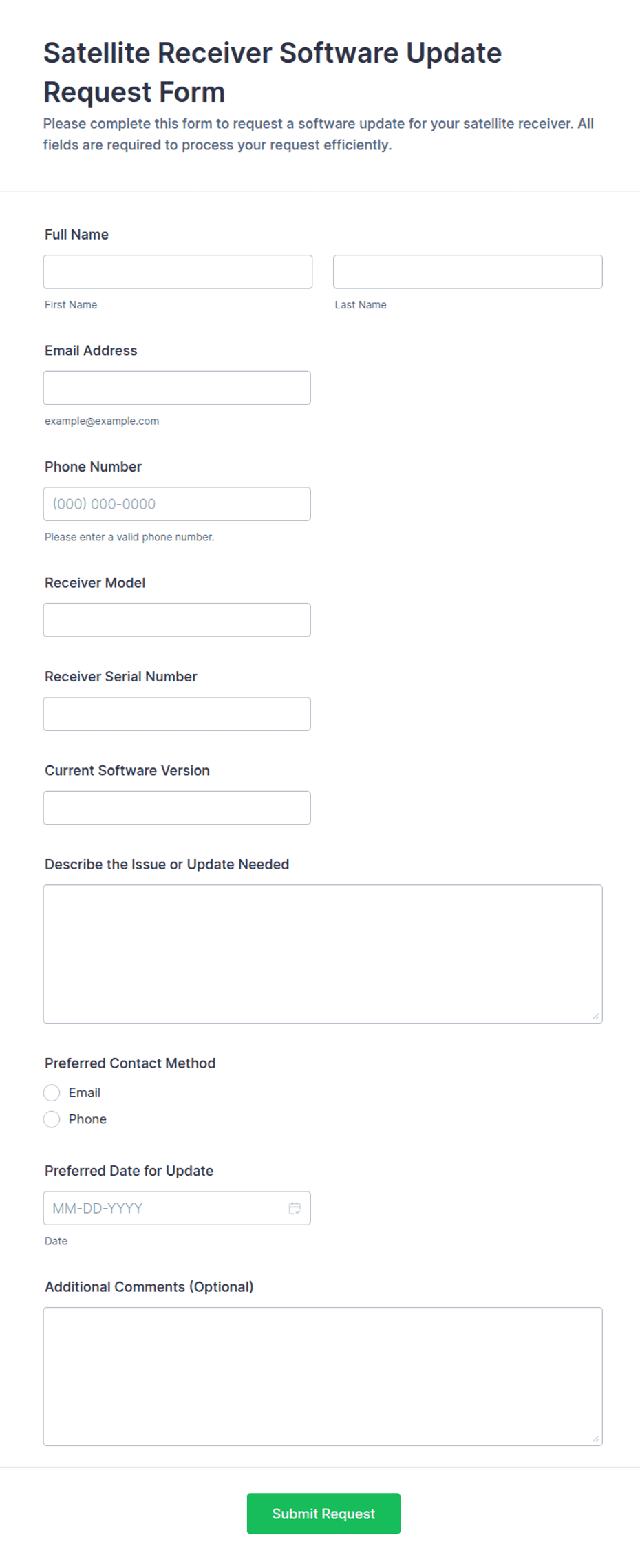 Satellite Receiver Software Update Request Form Template | Jotform