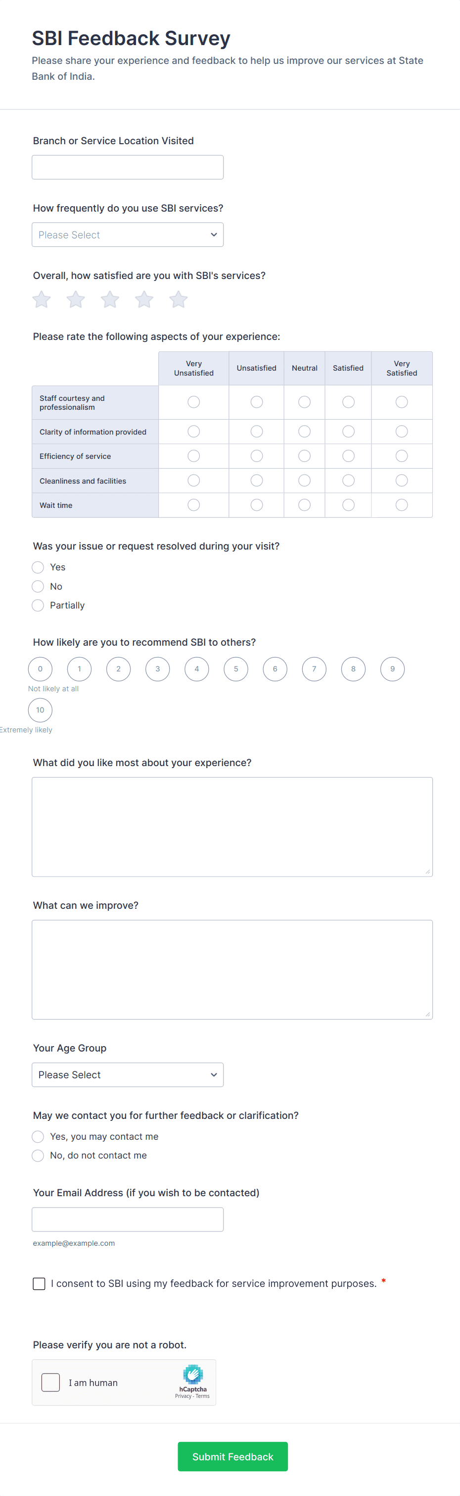 SBI Feedback Survey Form Template | Jotform