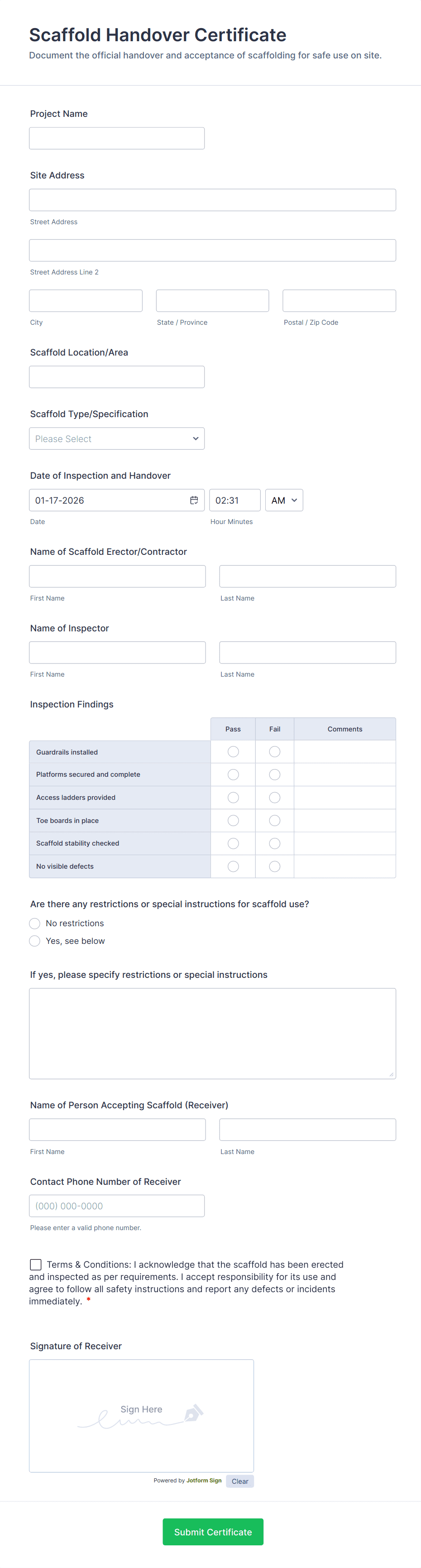 Scaffold Handover Certificate Form Template | Jotform