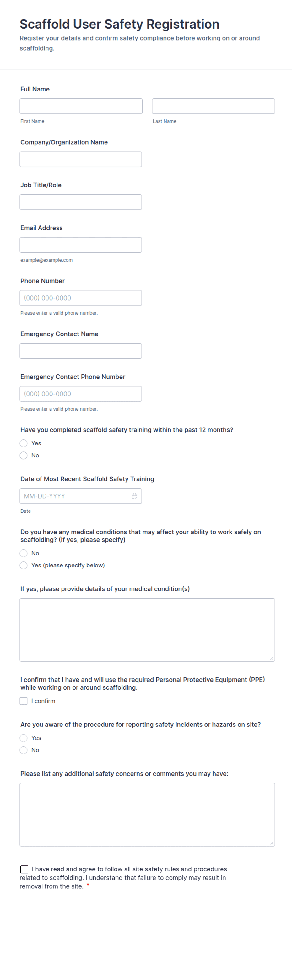 Scaffold User Safety Registration Form Template | Jotform