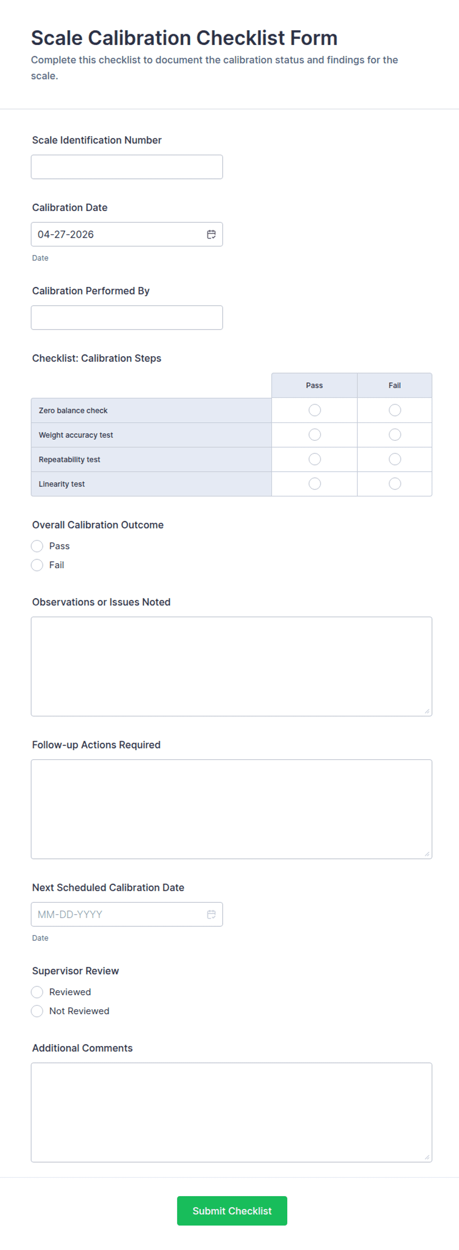 Scale Calibration Checklist Form Template | Jotform