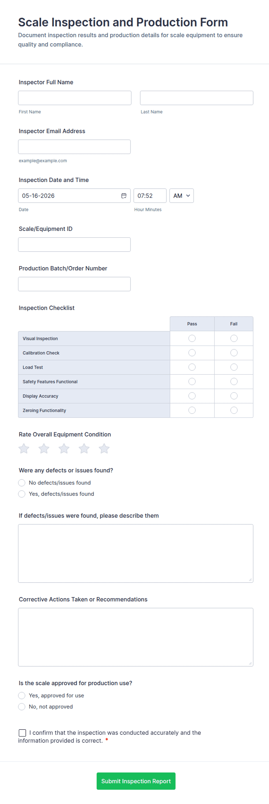 Scale Inspection and Production Form Template | Jotform