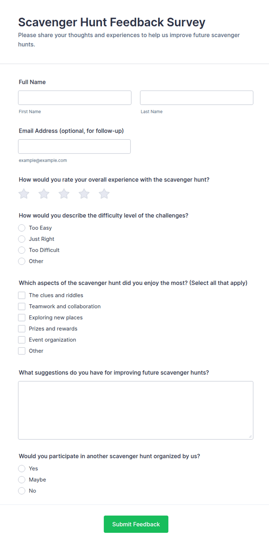 Scavenger Hunt Feedback Survey Form Template | Jotform
