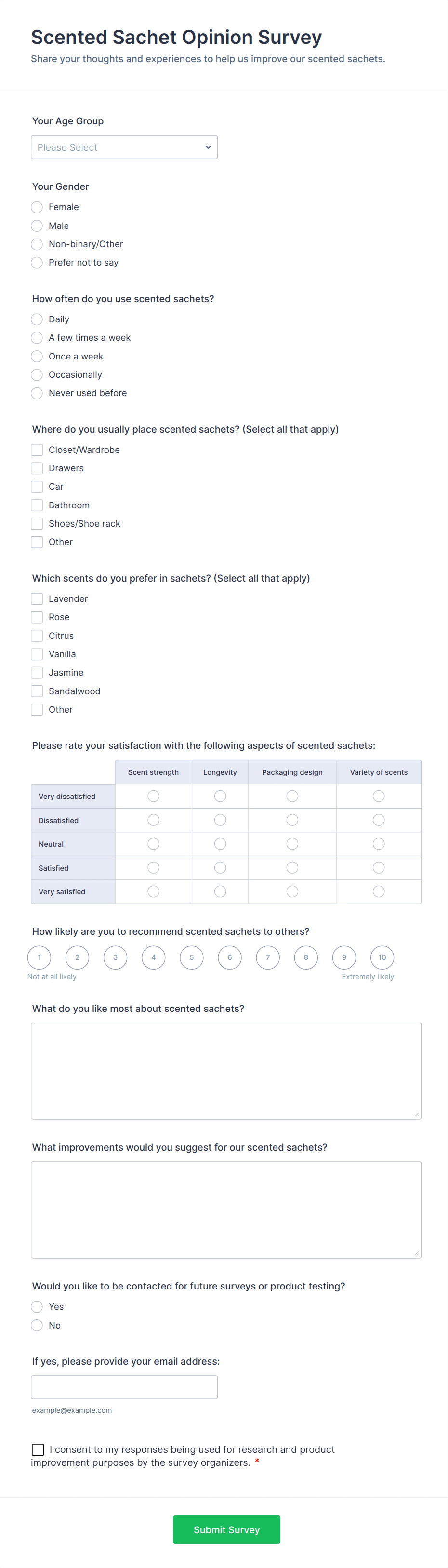 Scented Sachet Opinion Survey Form Template | Jotform
