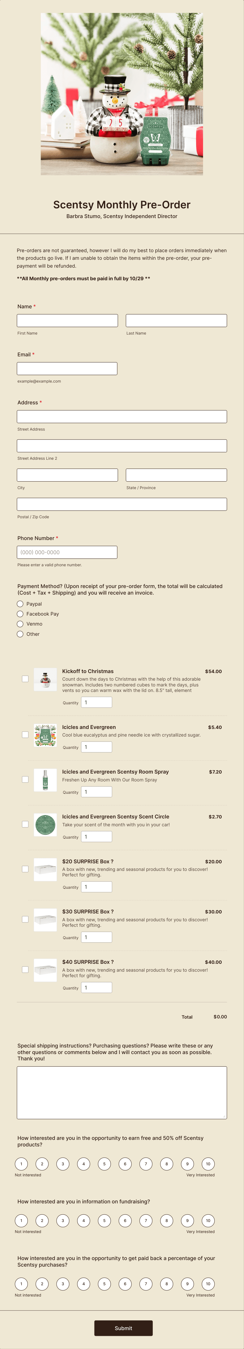 Scentsy Monthly Pre-Order Form Template | Jotform