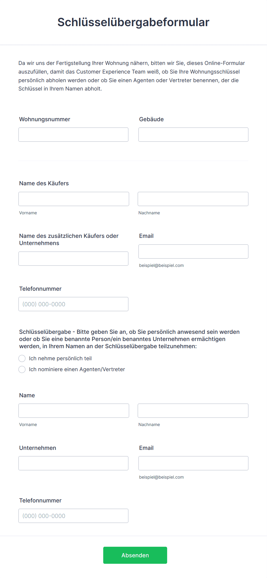 Schlüsselübergabeformular Formularvorlage | Jotform