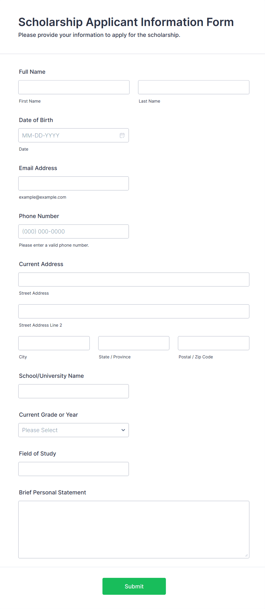 Scholarship Applicant Information Form Template | Jotform