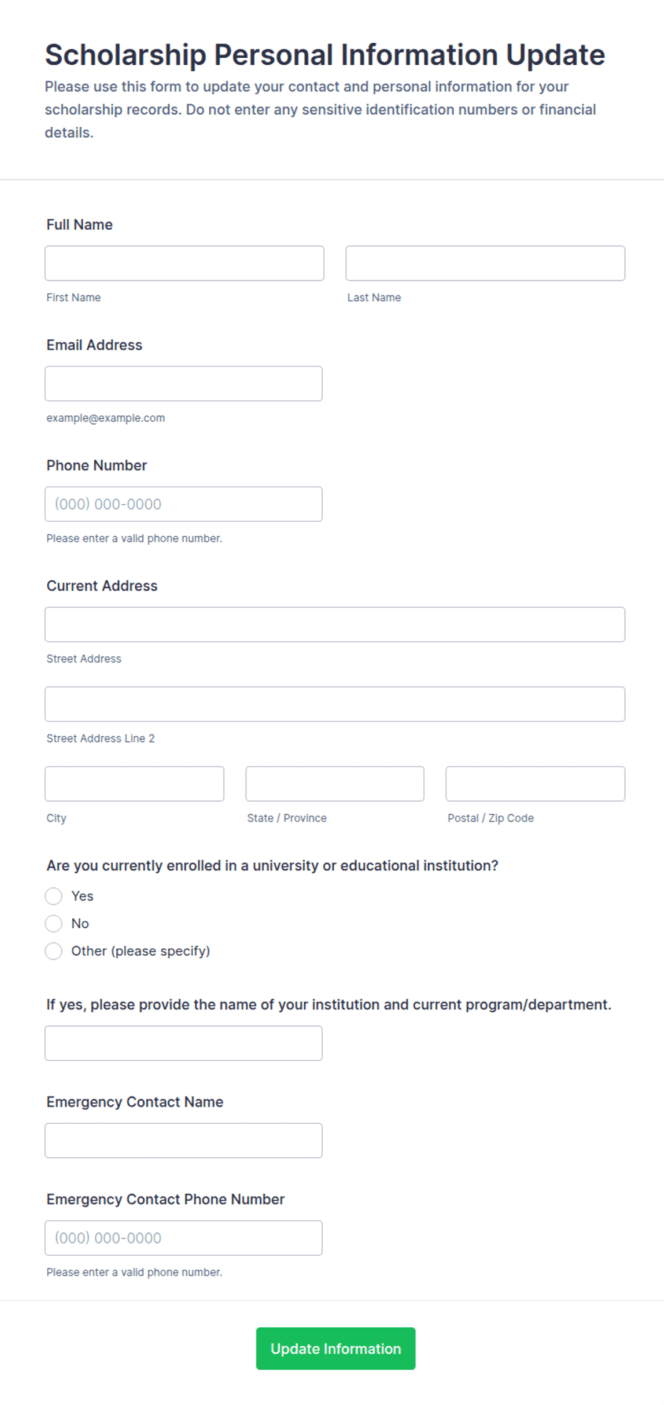 Scholarship Personal Information Update Form Template | Jotform
