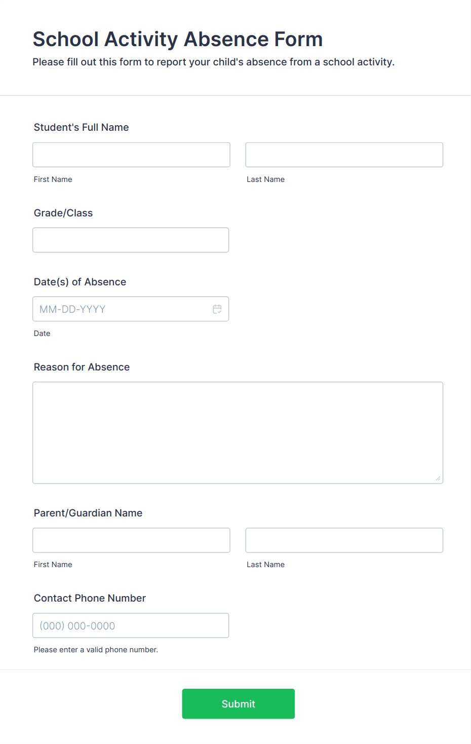 School Activity Absence Form Template | Jotform