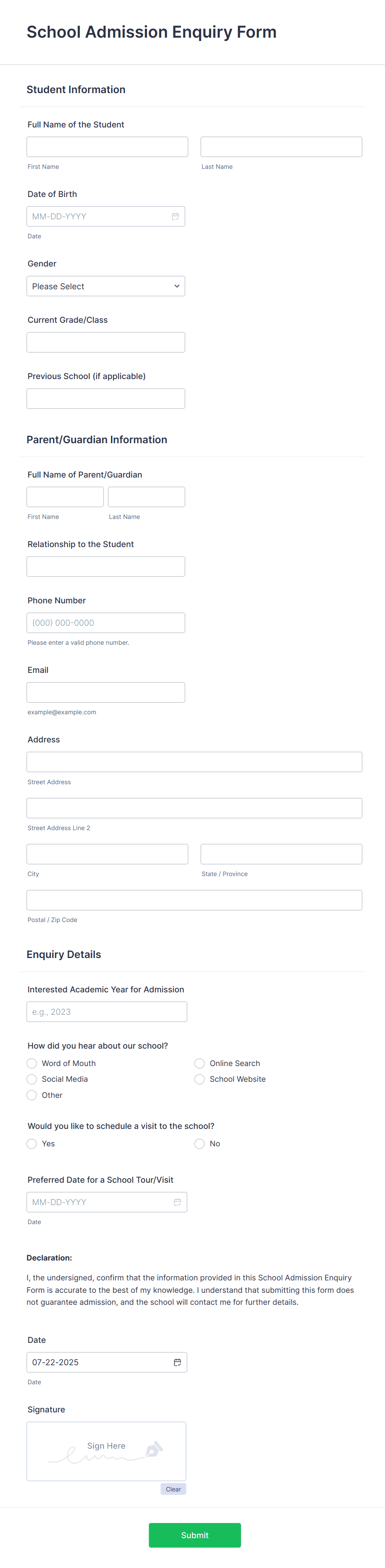 School Admission Enquiry Form Template | Jotform