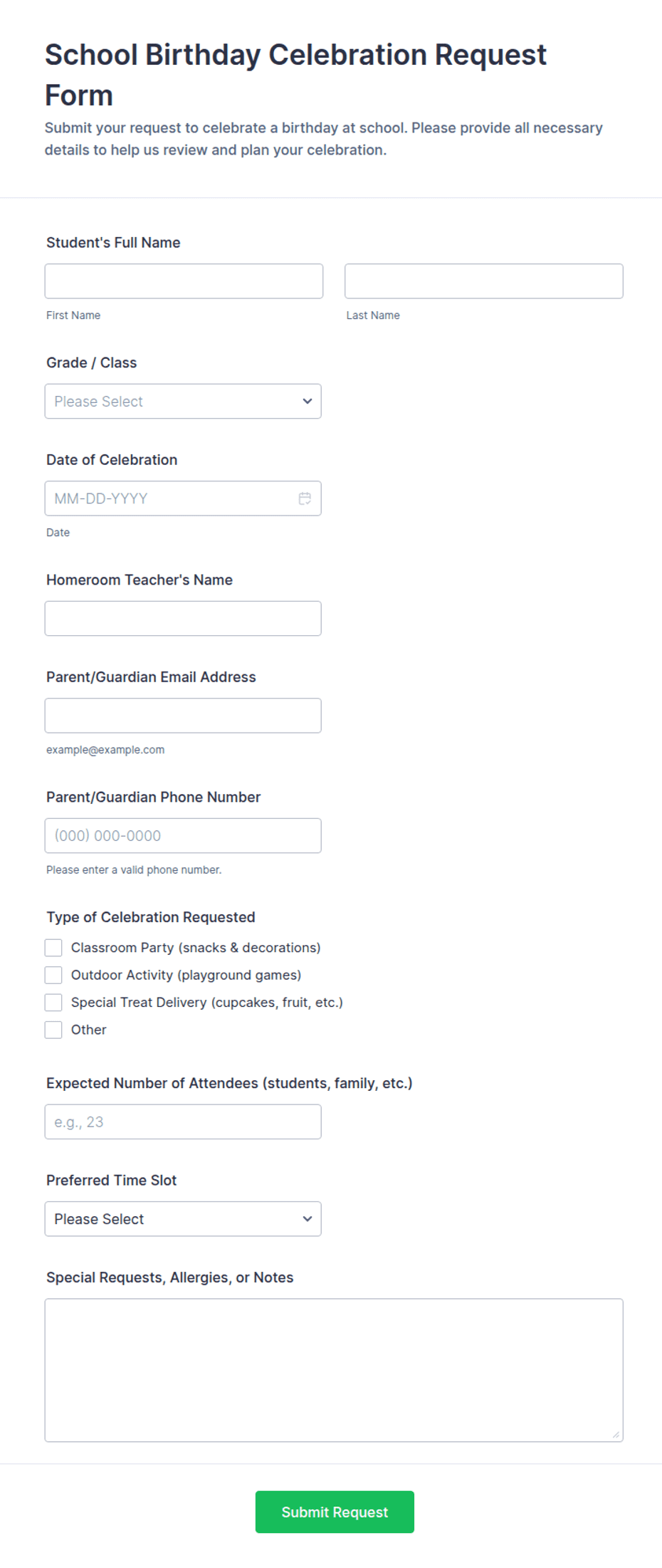 School Birthday Celebration Request Form Template | Jotform