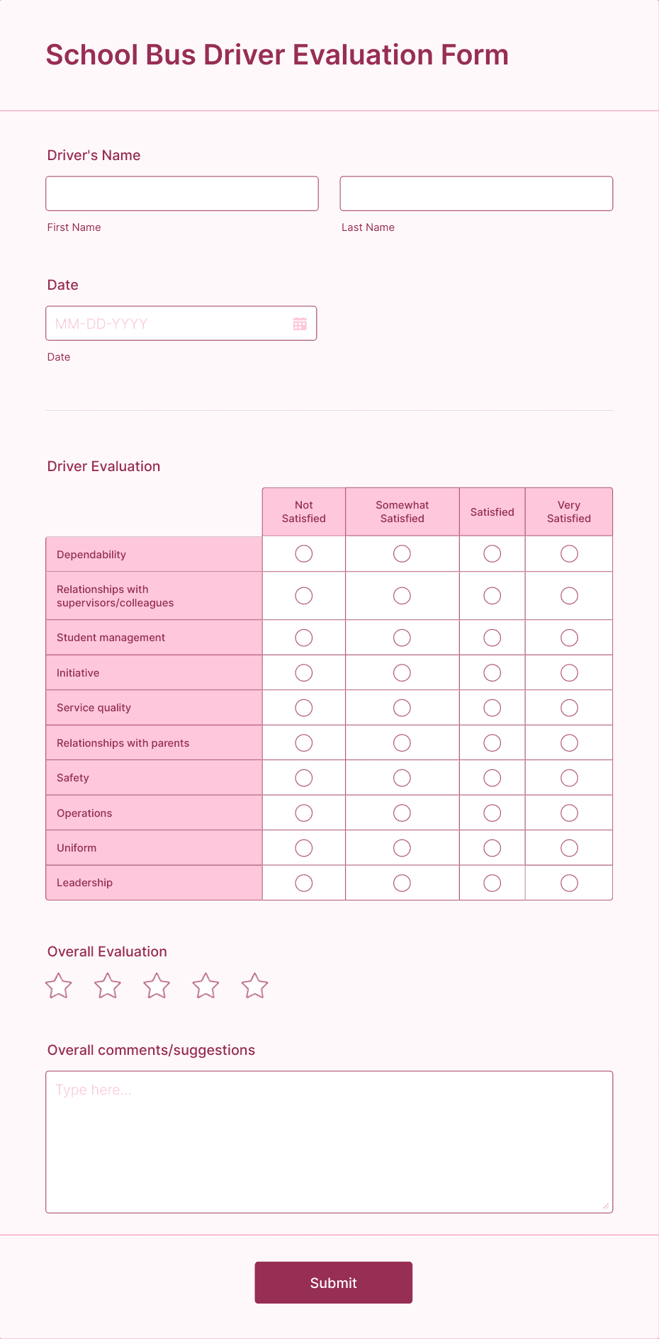 School Bus Driver Evaluation Form Template | Jotform
