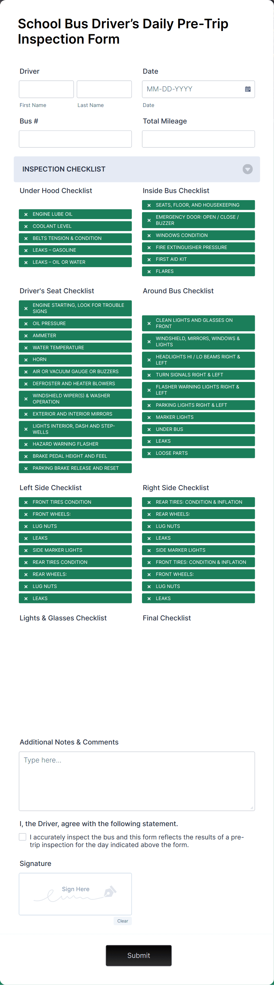 School Bus Driver’s Daily Pre-Trip Inspection Form Template | Jotform