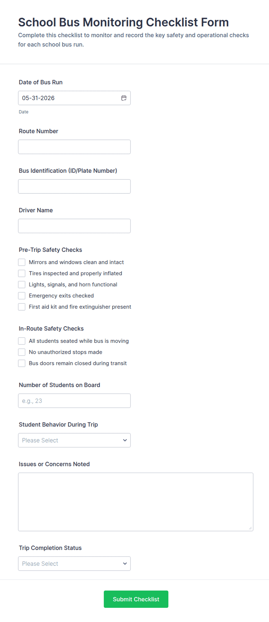 School Bus Monitoring Checklist Form Template | Jotform