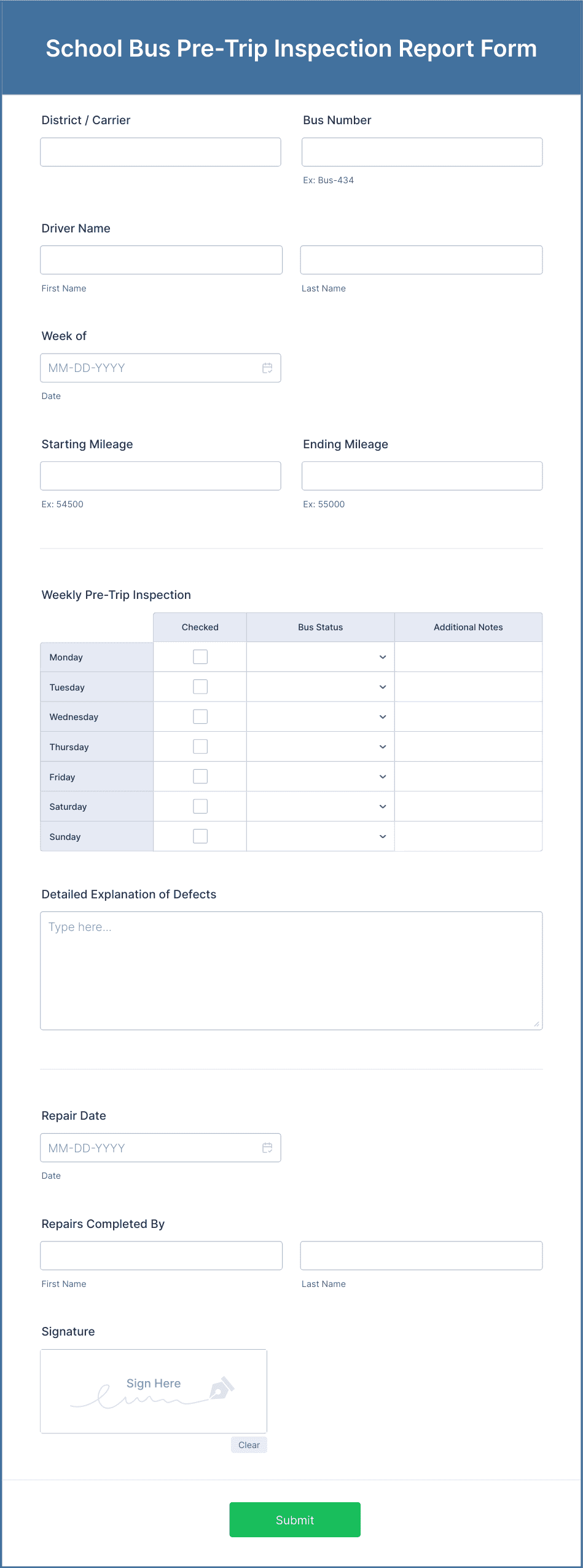 School Bus Pre-Trip Inspection Report Form Template | Jotform