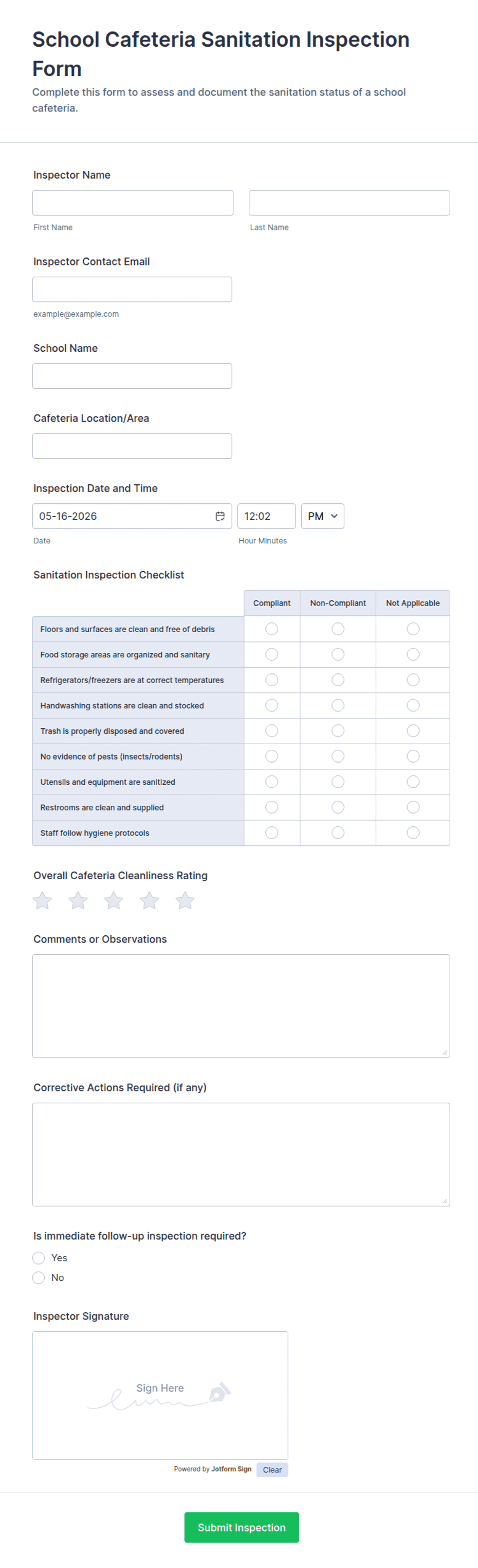 School Cafeteria Sanitation Inspection Form Template | Jotform