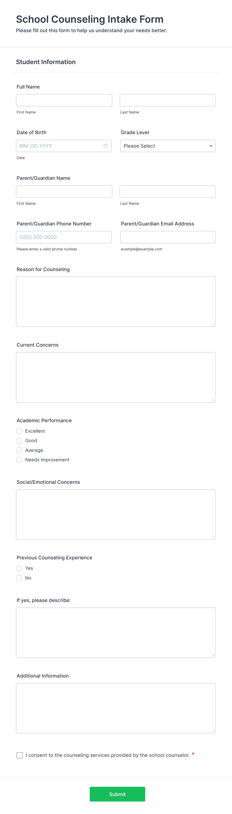 School Counseling Intake Form Template | Jotform