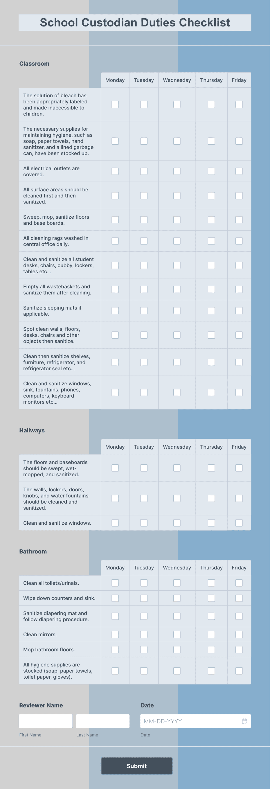 School Custodian Duties Checklist Form Template | Jotform