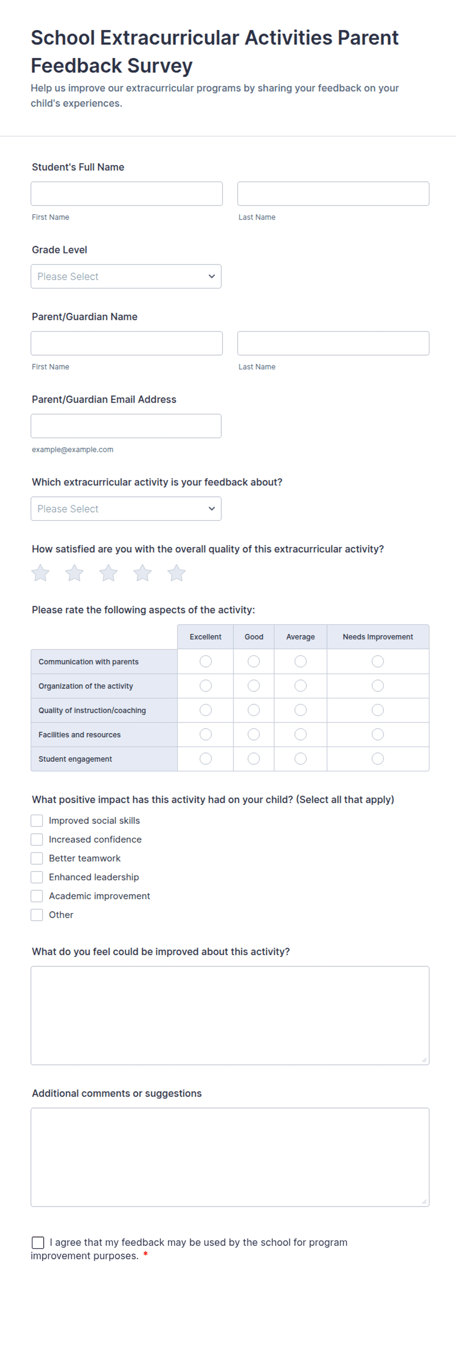 School Extracurricular Activities Parent Feedback Survey Form Template ...