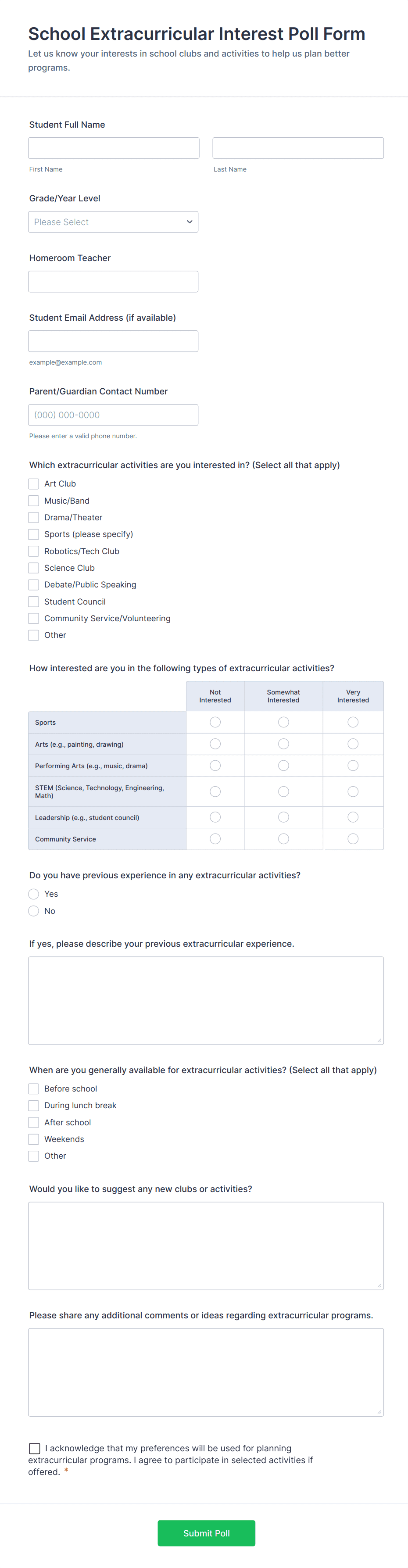 School Extracurricular Interest Poll Form Template | Jotform