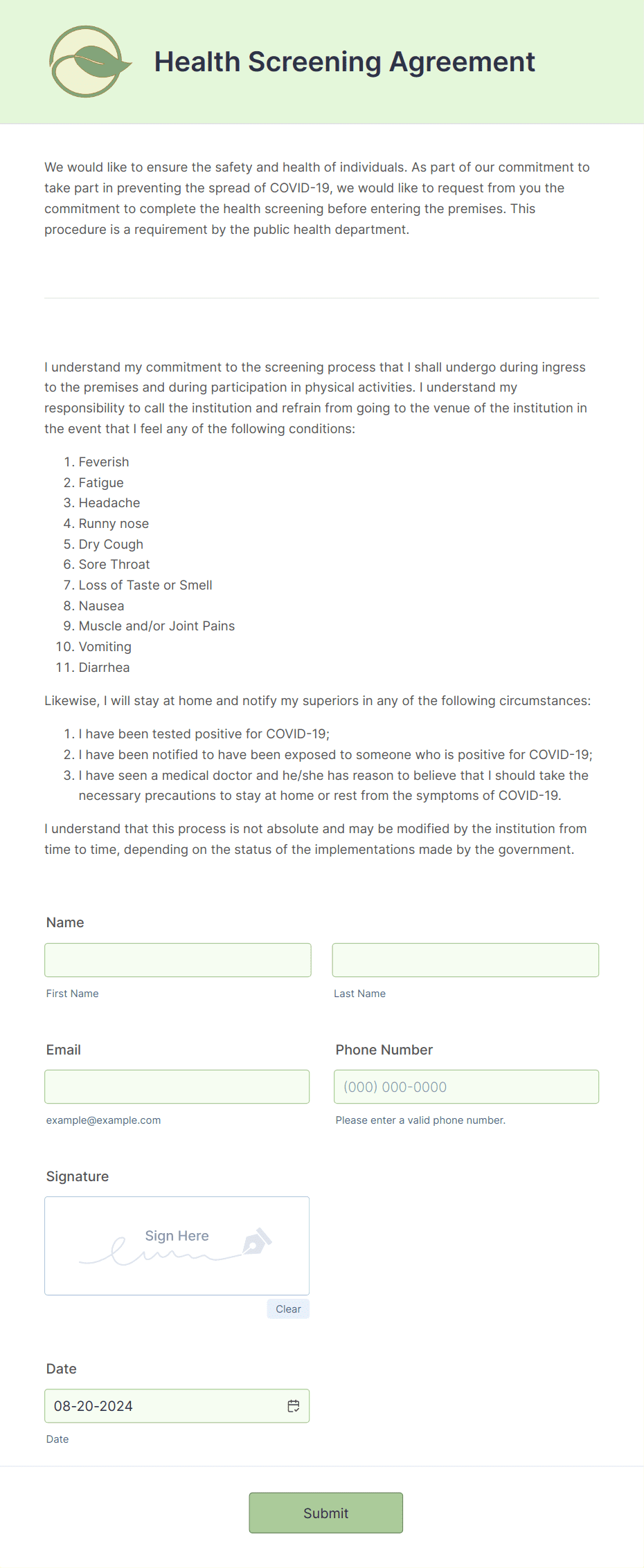 School Health Screening Agreement Form Template | Jotform