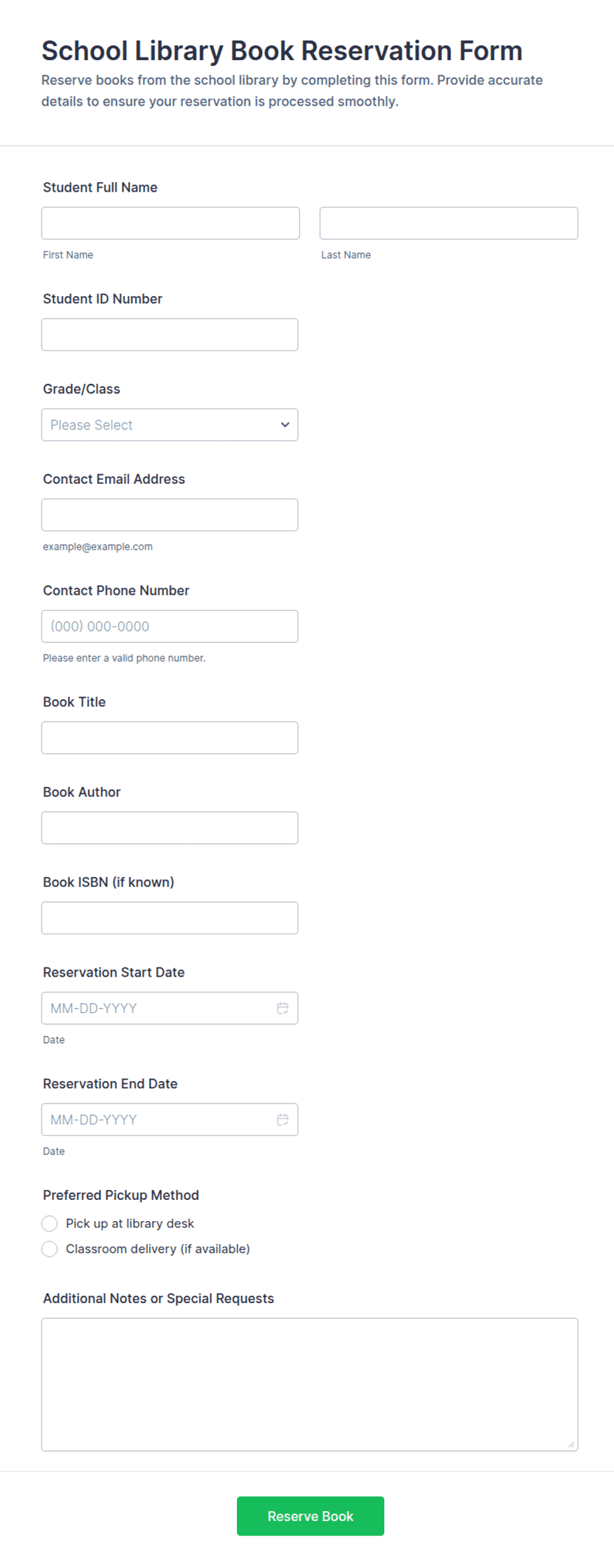 School Library Book Reservation Form Template | Jotform