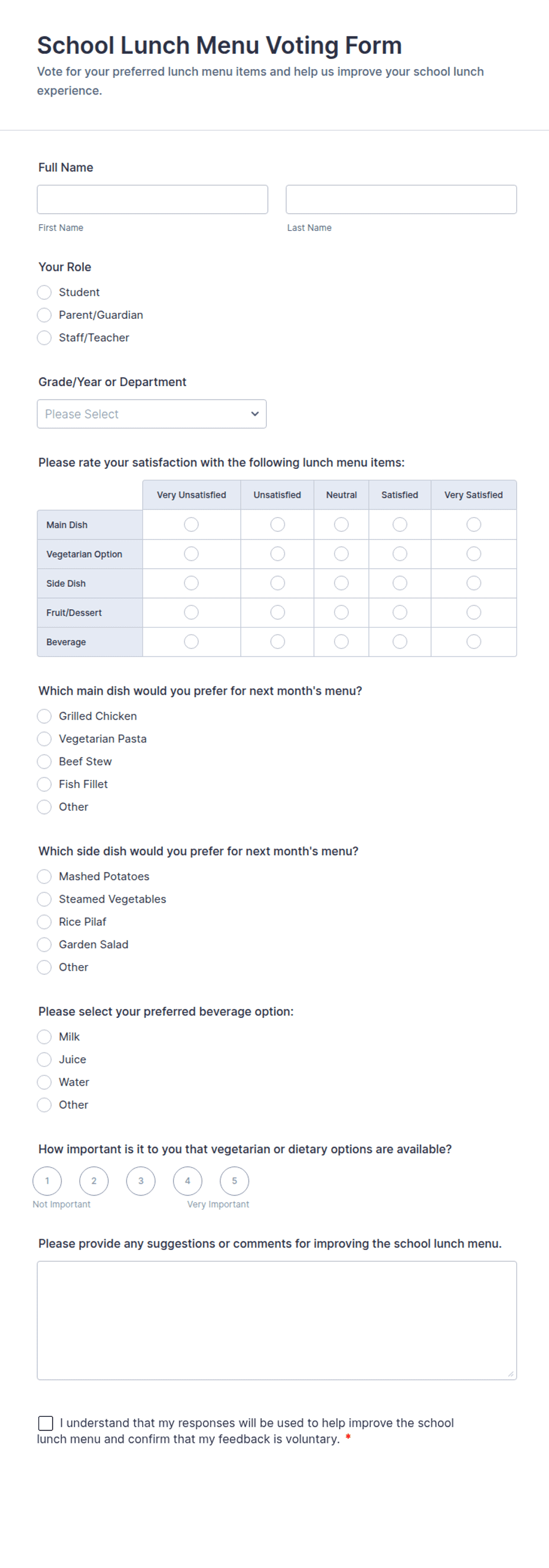 School Lunch Menu Voting Form Template | Jotform
