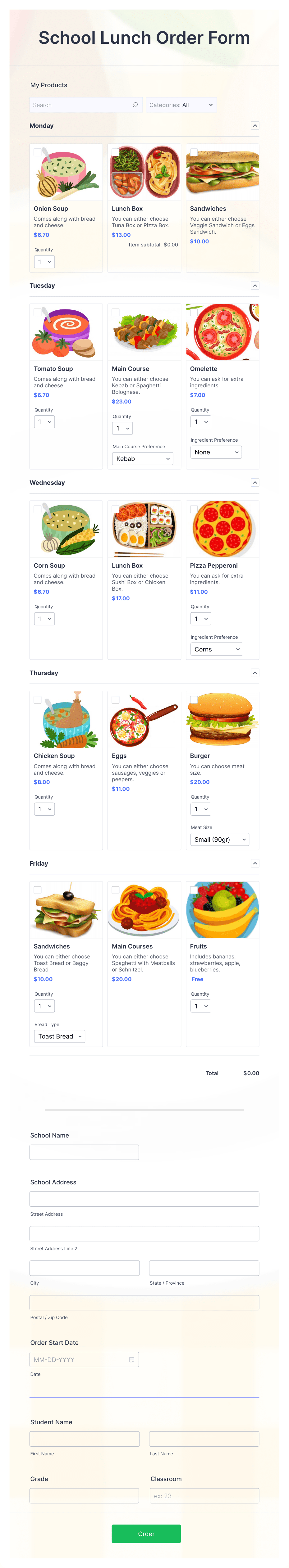 School Lunch Order Form Template | Jotform