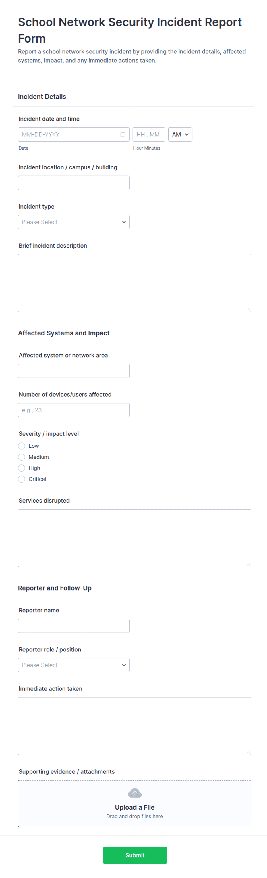School Network Security Incident Report Form Template | Jotform