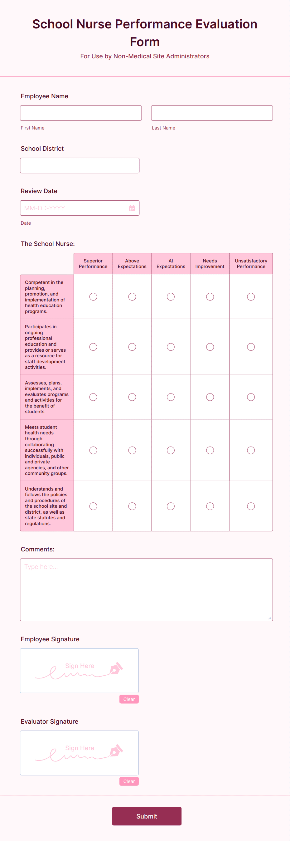 School Nurse Performance Evaluation Form Template | Jotform