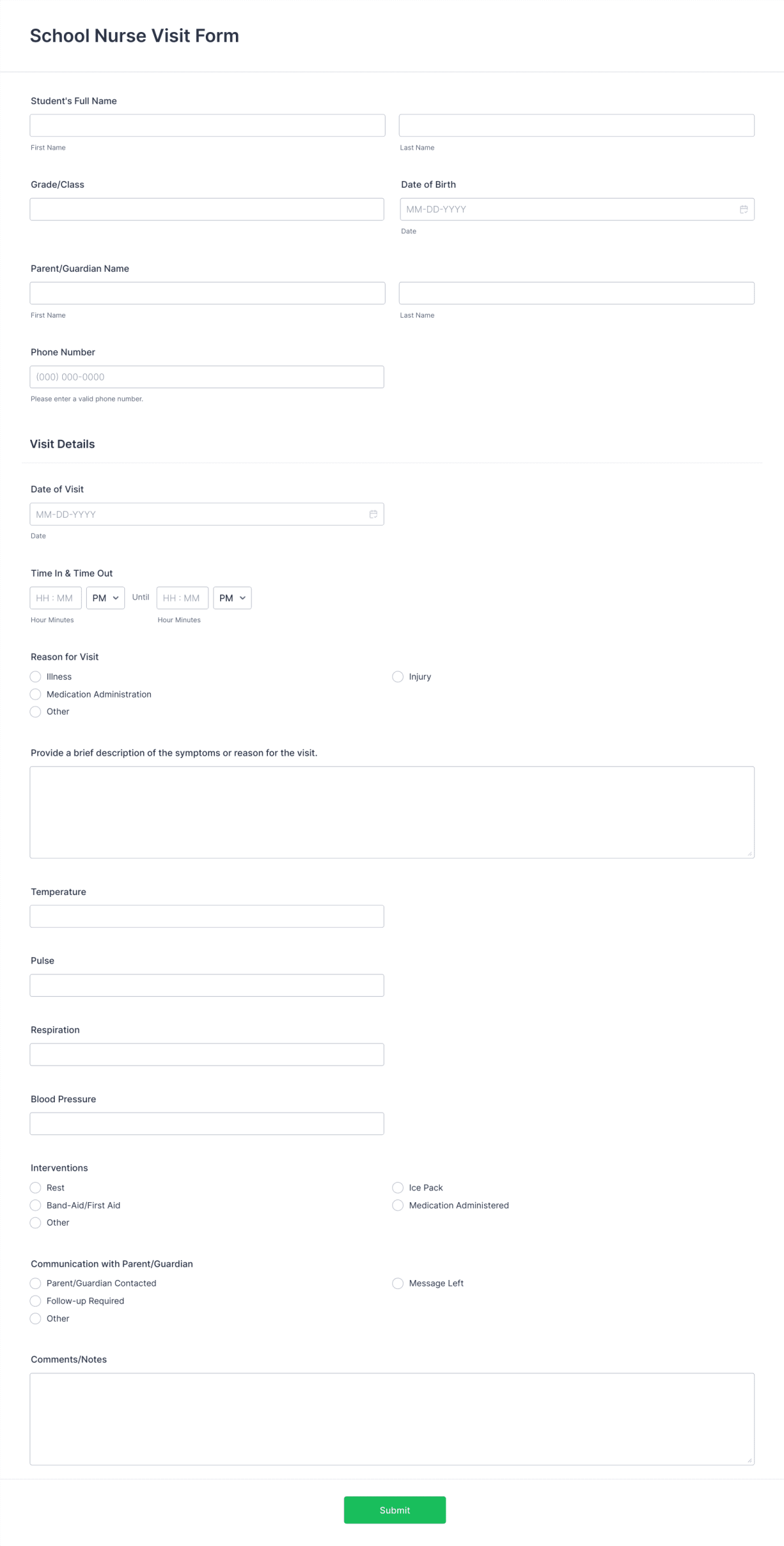 School Nurse Visit Form Template | Jotform