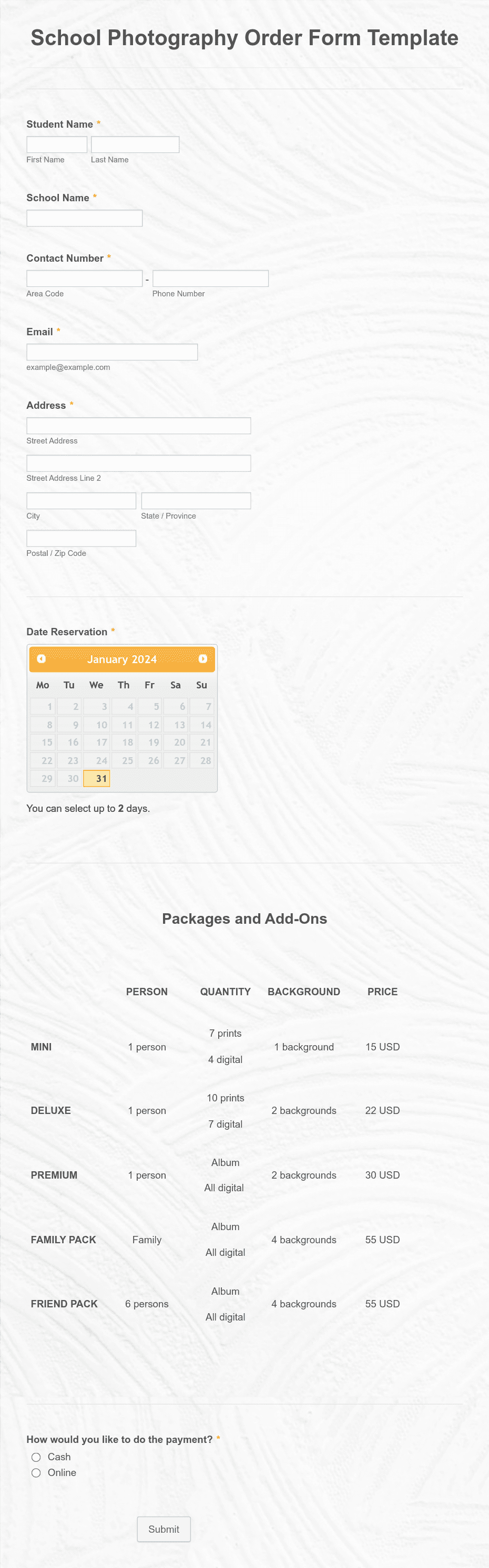 School Photography Order Form Template | Jotform