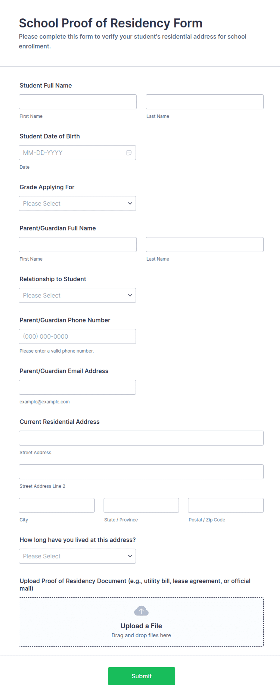 School Proof of Residency Form Template | Jotform