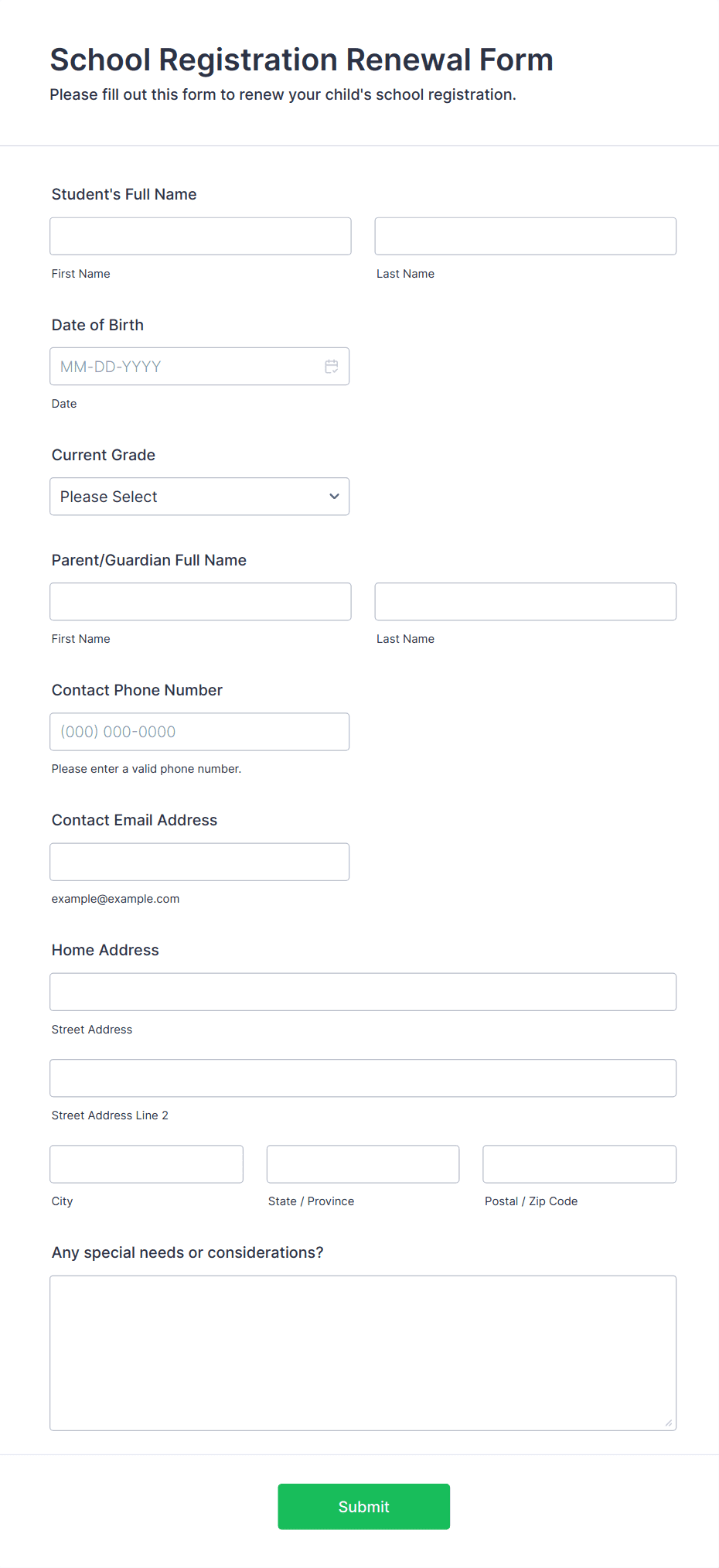 School Registration Renewal Form Template | Jotform