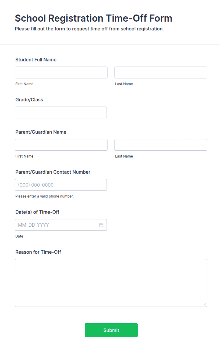 School Registration Time-Off Form Template | Jotform