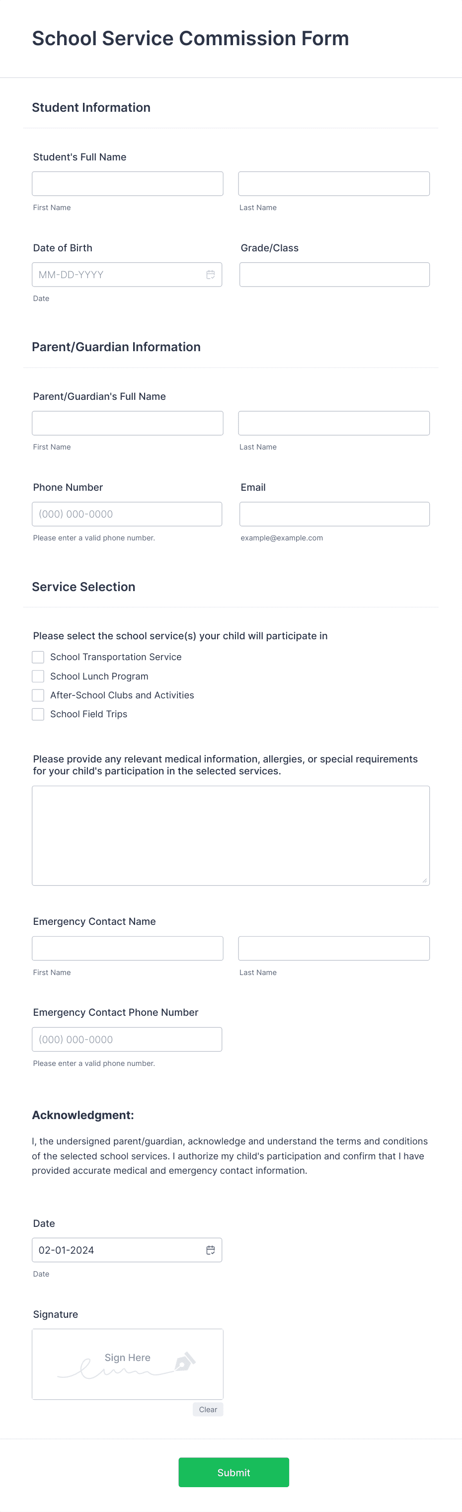School Service Commission Form Template | Jotform